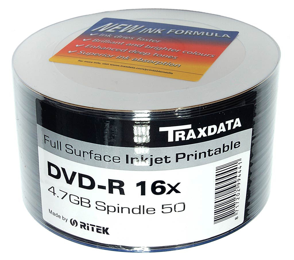 Traxdata DVD-R 16X 4.7GB FF Inkjet Printable – 50 Spindle - DVD-KD-50M ...